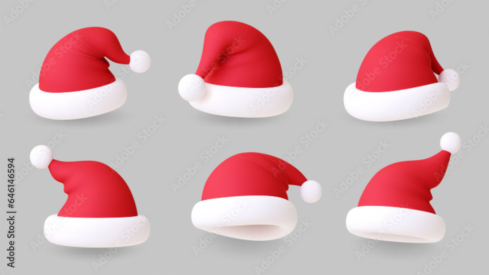 3d santa hats. Christmas hat realistic, modern xmas party red head ...