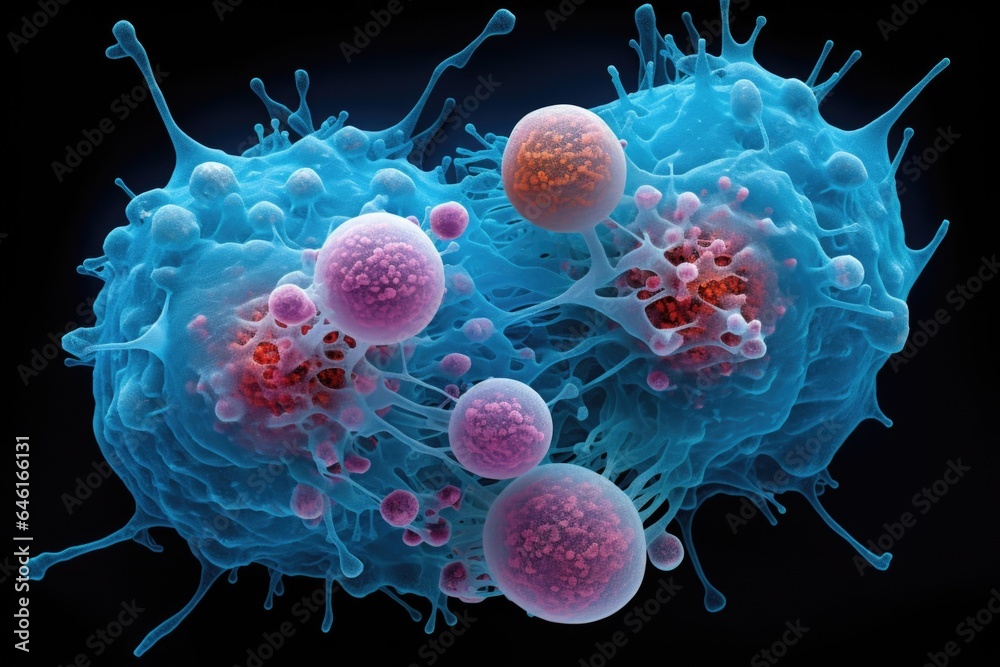 The microscopic view of ovarian cancer cells, showing the nuclei in ...
