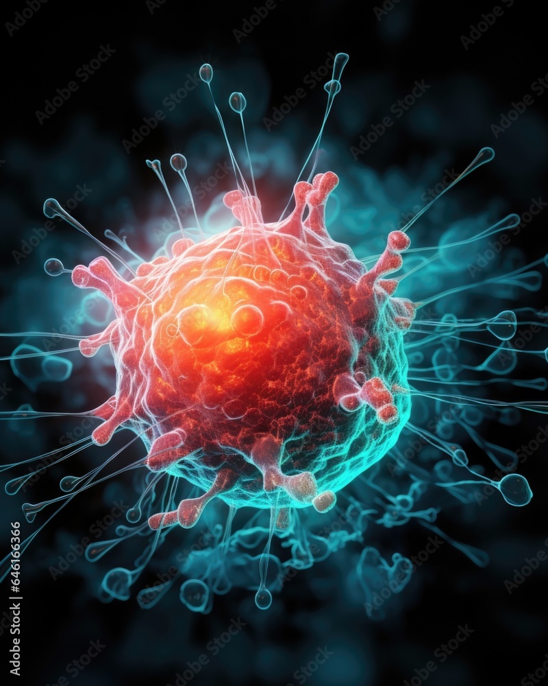 Pictured is cellular closeup, presenting fluorescent markers lighting ...
