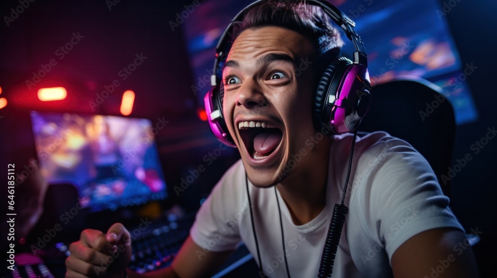 Portrait of a Gamer Wearing Headphones and Playing Online Game on ...