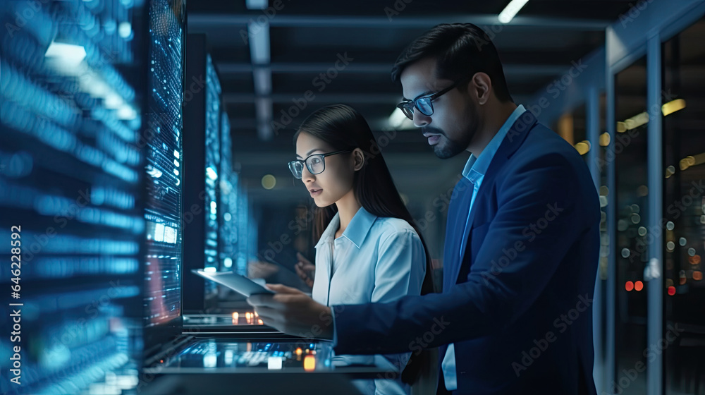 Data Center Female System Administrator and Male IT Specialist talk ...