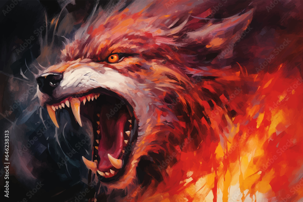 Angry Wolf howling in fire with flames and flames. Roaring wolf. Wolf ...