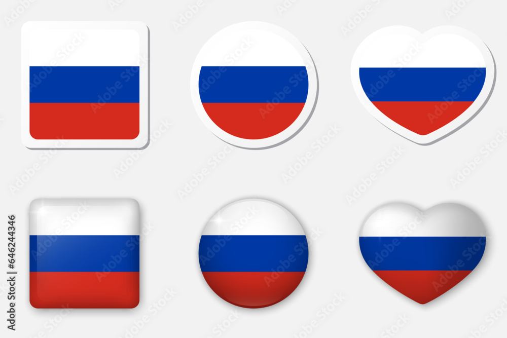 Flag of Russia icons collection. Flat stickers and 3d realistic glass ...