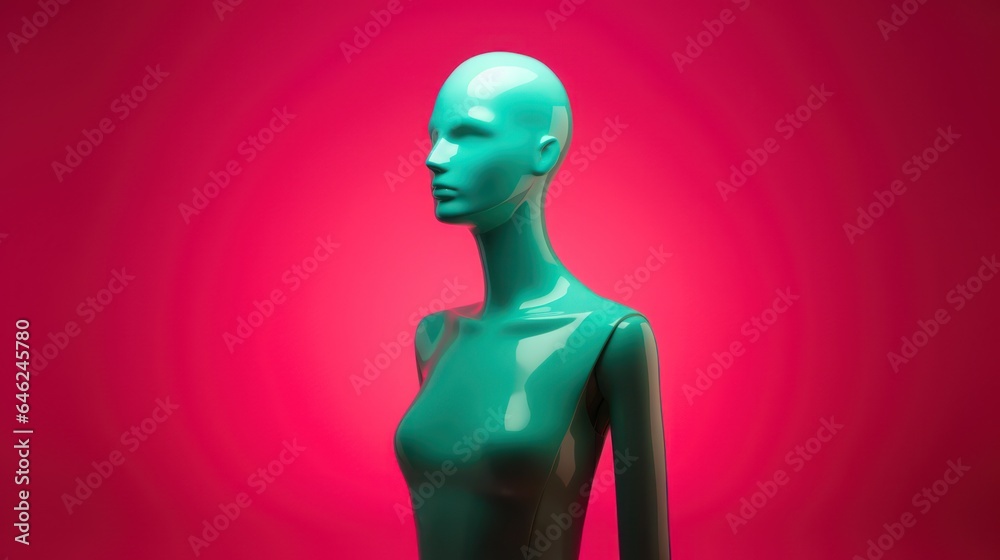 Window Dresser Mannequin Skinny Female Body Doll With Minimal Bright Neon Magenta Background