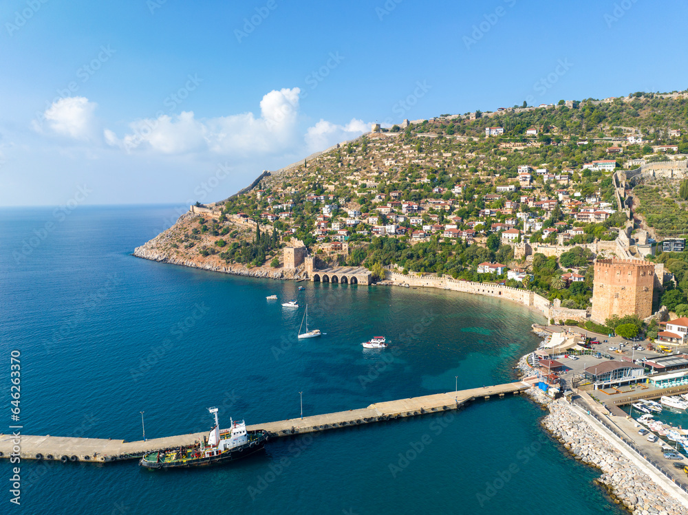 Alanya - Turkey, August 11, 2023, An aerial view of the bay Alanya in ...