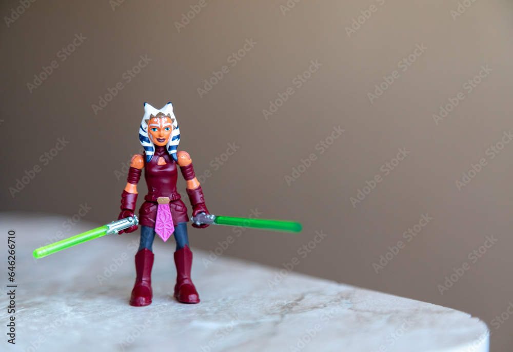 Bishkek, Kyrgyzstan - September 10, 2023: Ahsoka with light sabers toy ...