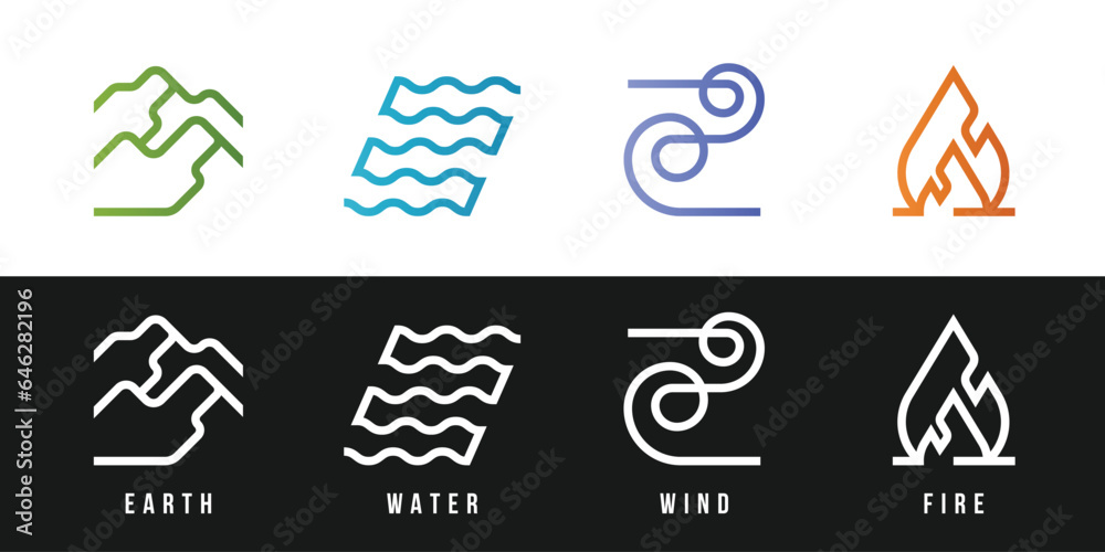4 Elements of nature symbols collection - Earth, Water, Wind and Fire ...