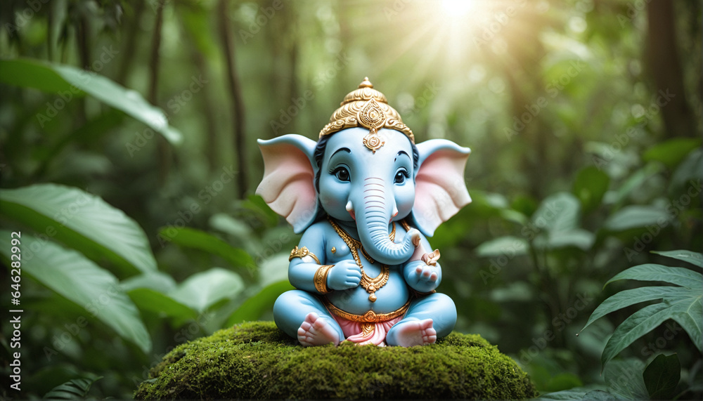young hindu god ganesha elephant with blue skin and gold decorations ...