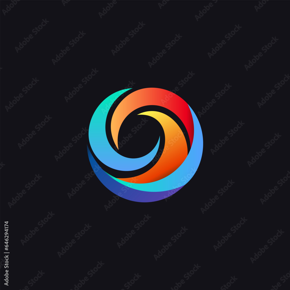 Vivid rainbow swirl logo with abstract lens concept. Elegant hurricane ...