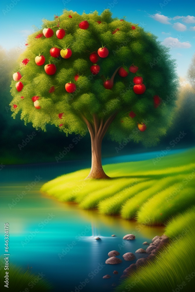 Painting of apple tree loaded with tasty fruit between a grassy path ...