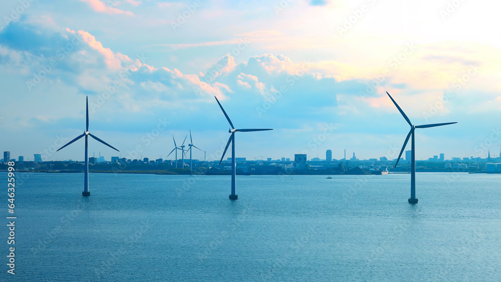 Renewable energy wind power plant and wind turbines along Denmark sea ...
