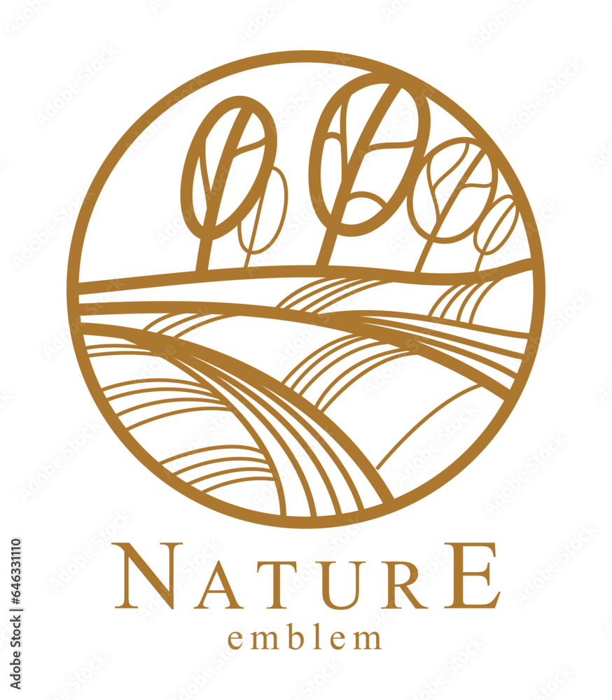 Linear drawing of landscape with trees in a shape of circle template ...