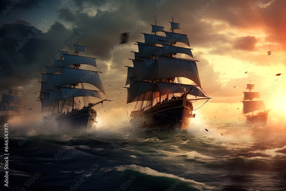Sailing ships fight each other with cannons blazing. Great for stories ...