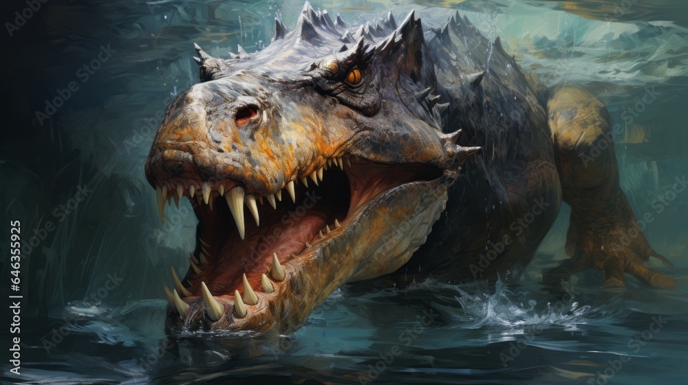 Tyrannosaurus rex roaring in the water. Hunting angry T-Rex with a ...