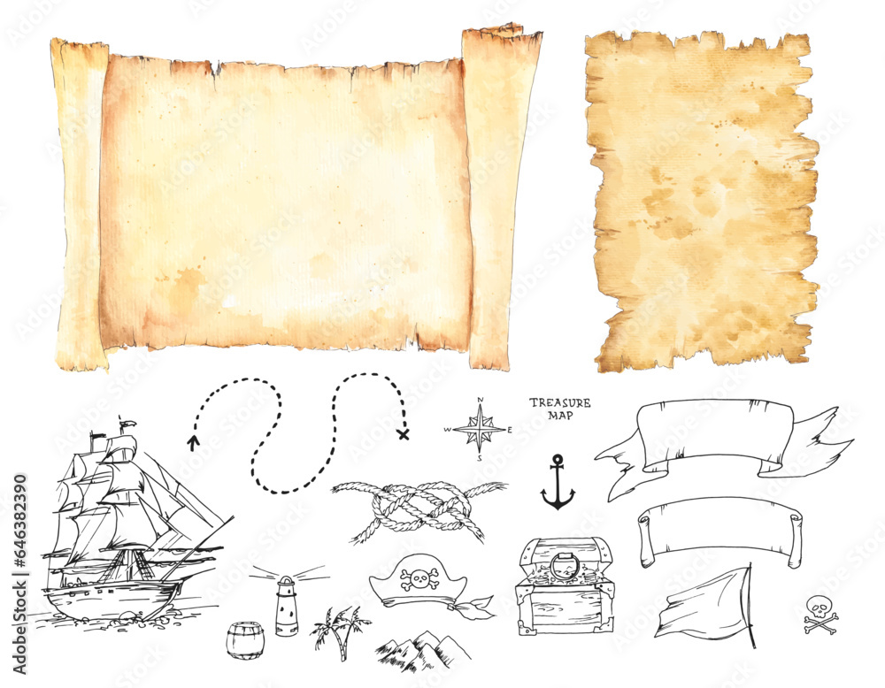 Vector graphic set for Treasure Map design. Watercolor altered paper ...