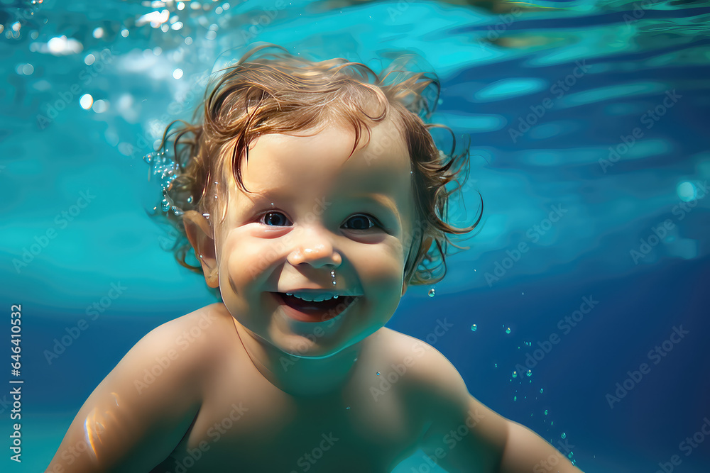 Cute little baby swimming underwater in the pool, smiling at the camera ...