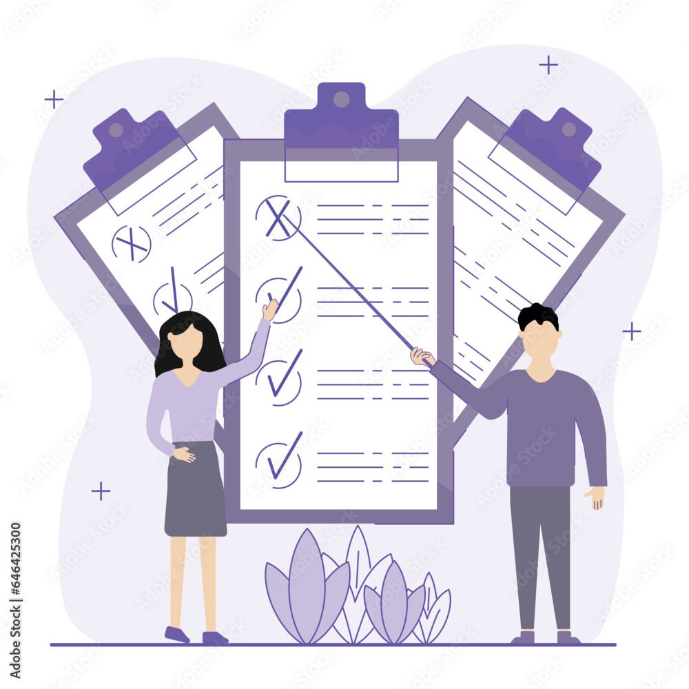 Checklist illustration.Man and women characters check off a list of ...