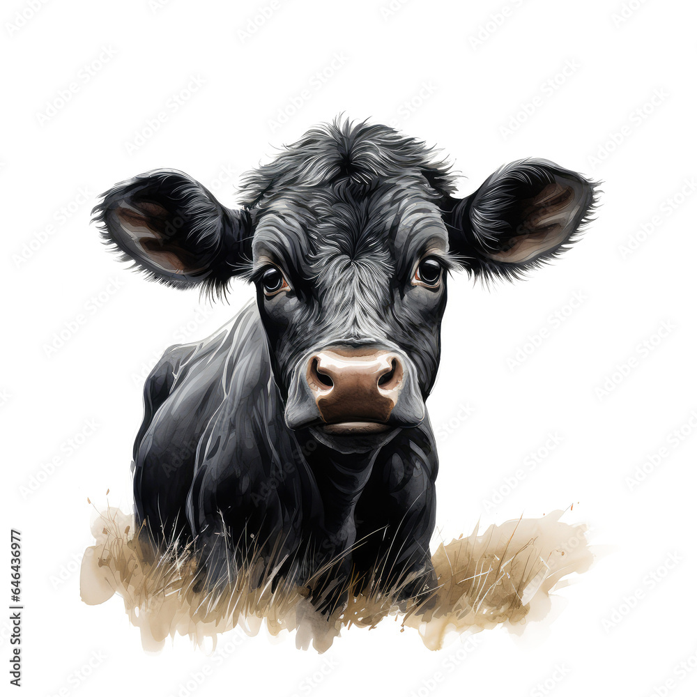 Black Angus cow surprised with big eyes isolated on transparent ...