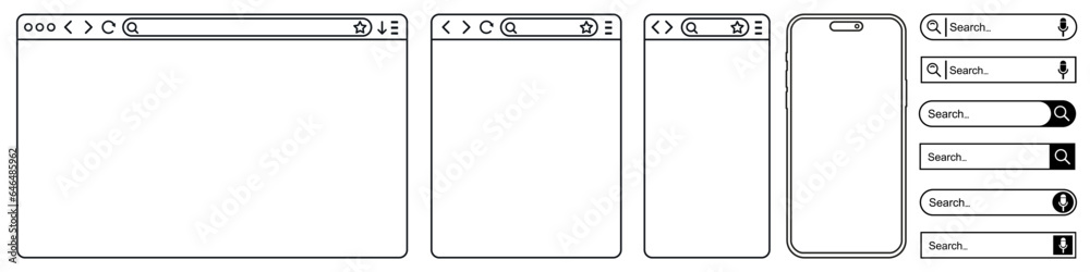 Set browser window in line style, smartphone, blank web page, search ...