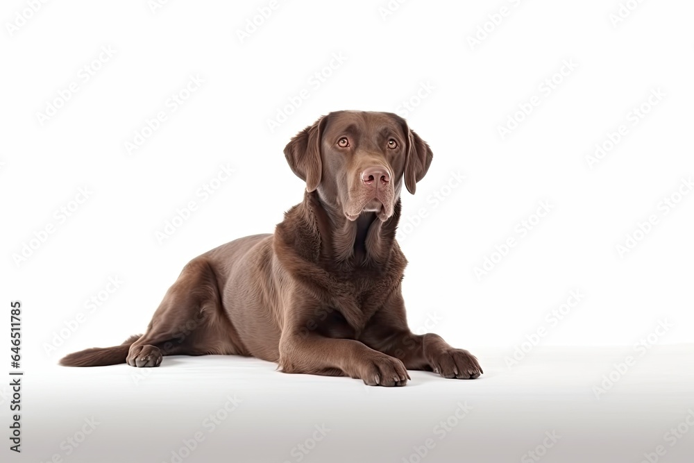 Chocolate Labrador Retriever lying down on a white background. The dog ...