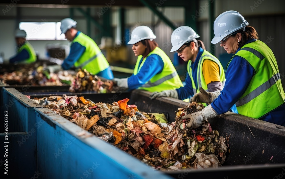 Food waste recycling facility in action, with employees sorting organic ...