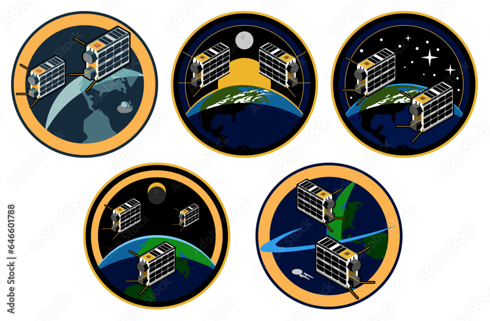 CubeSat Emblem Space Mission Patches collection with Earth, Stars, Sun ...
