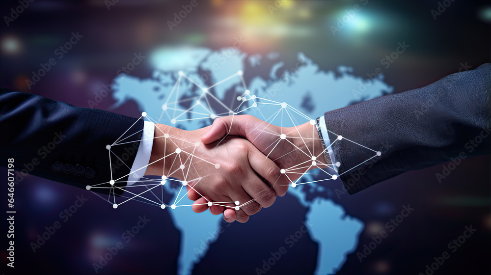 Businessmen handshake global stock market graph bar chart globe network ...
