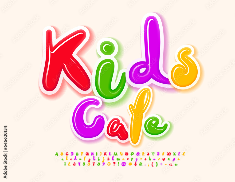 Vector playful Emblem Kids Cafe with funny colorful Font. Childish Alphabet Letters, Numbers and ...