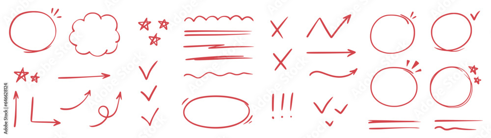 Red line check mark, underline, circle. Hand drawn doodle sketch red ...