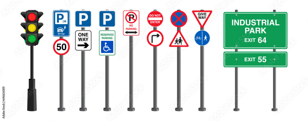 Collection of Realistic Road Signs, Traffic Lights, and Semaphores ...