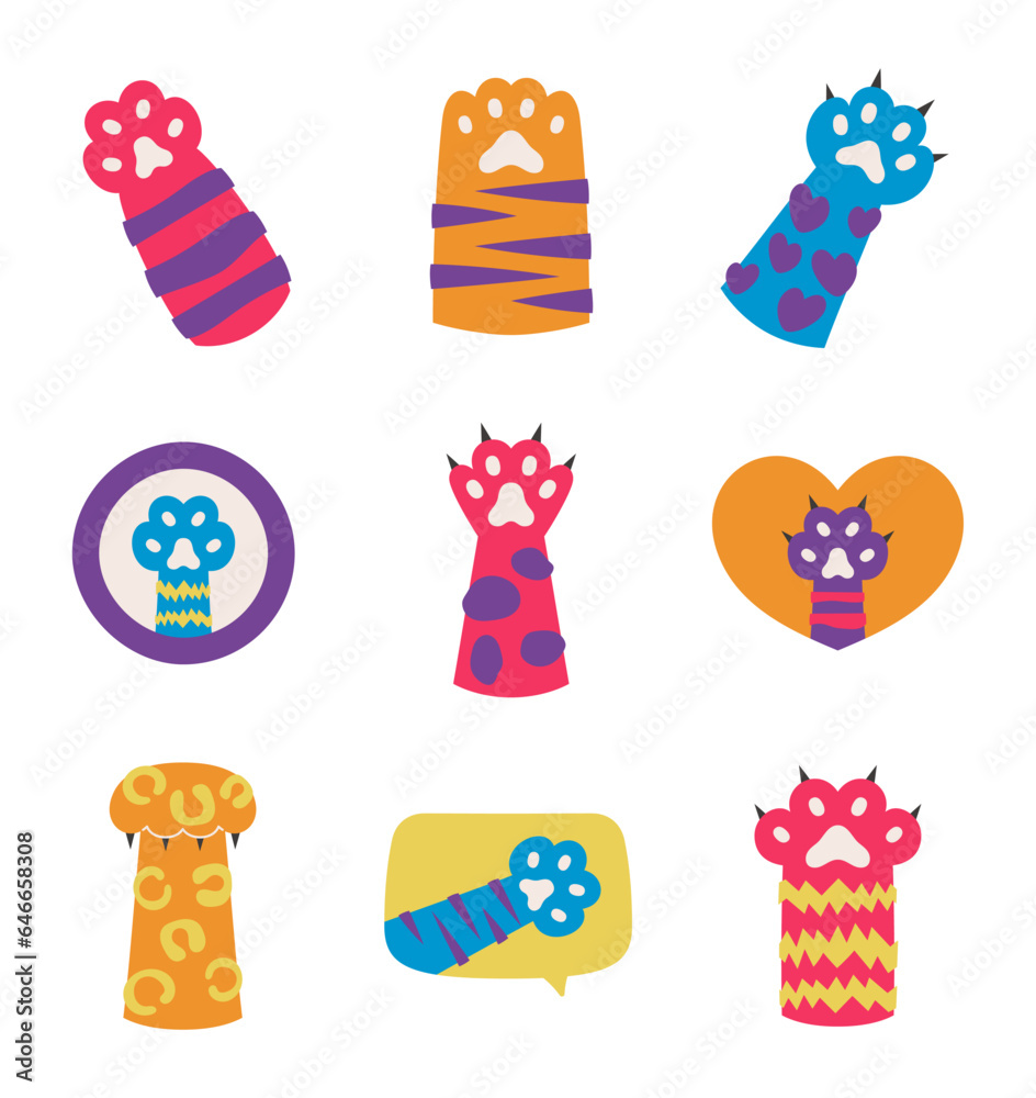 Cartoon cat paw. Cute kitten footprint. Vector drawing. Collection of ...