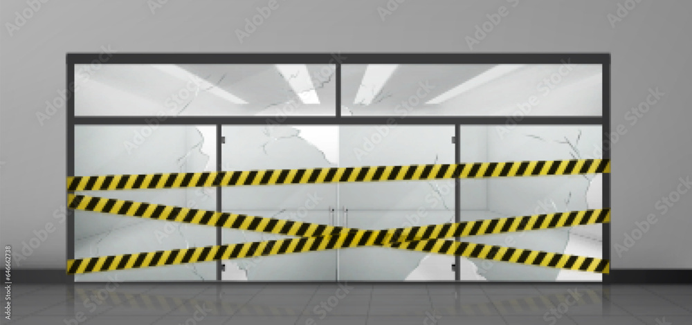 Broken glass store front door and window vector. Office or shop ...