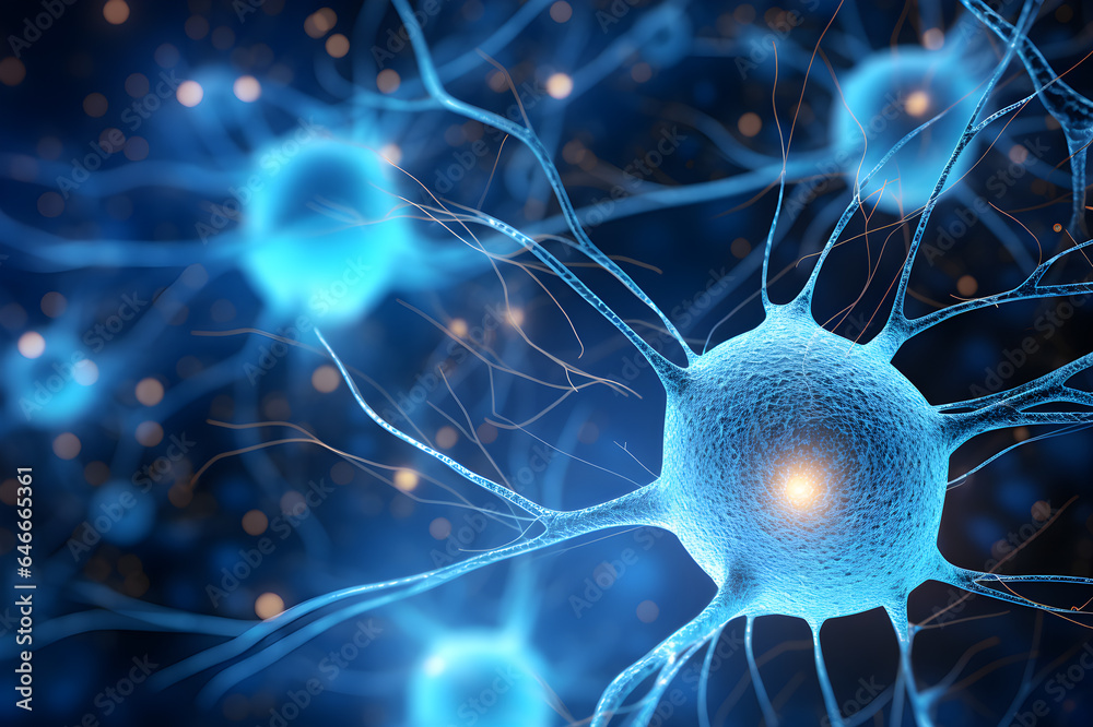 Microscopic of Neuron brain cell network. Interconnected nerve cells with electrical pulses ...