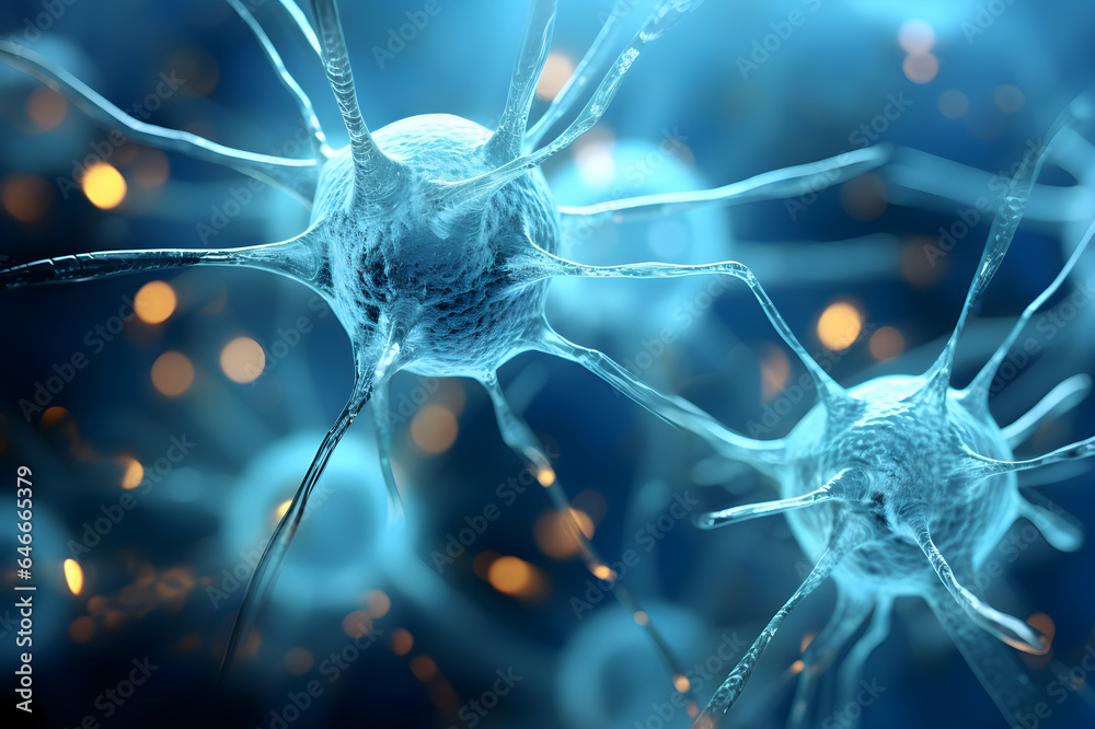 Microscopic of Neuron brain cell network. Interconnected nerve cells with electrical pulses ...