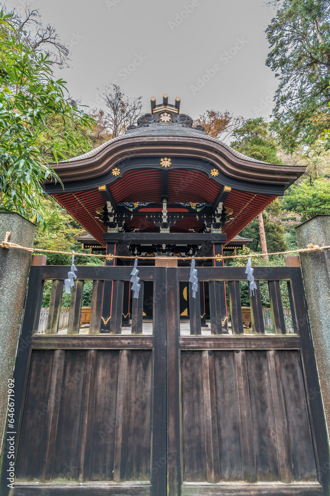 Shirahata Jinja (White Flag shrine). Black painted shinto sub shrine of ...