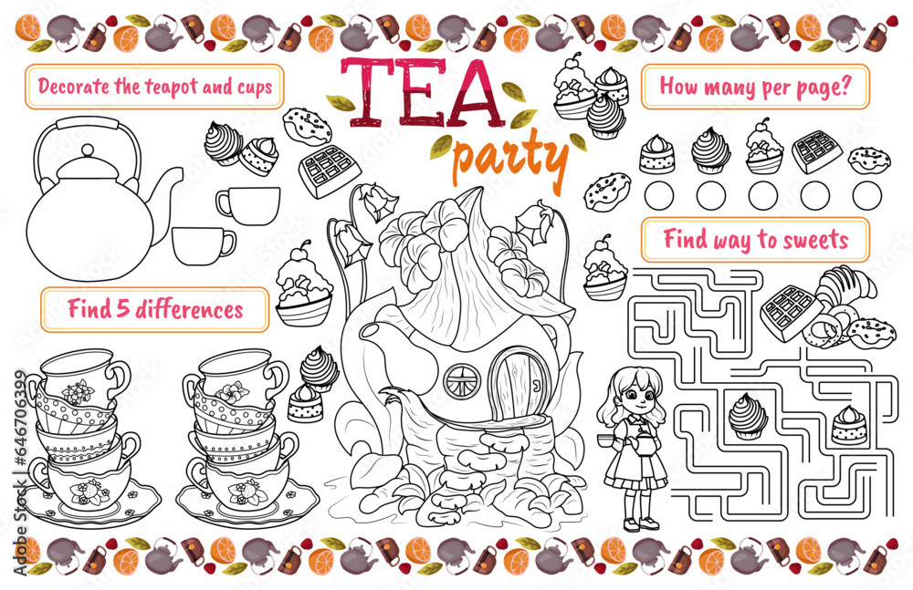 Festive placemat for children. Printable activity sheet "Tea Party ...