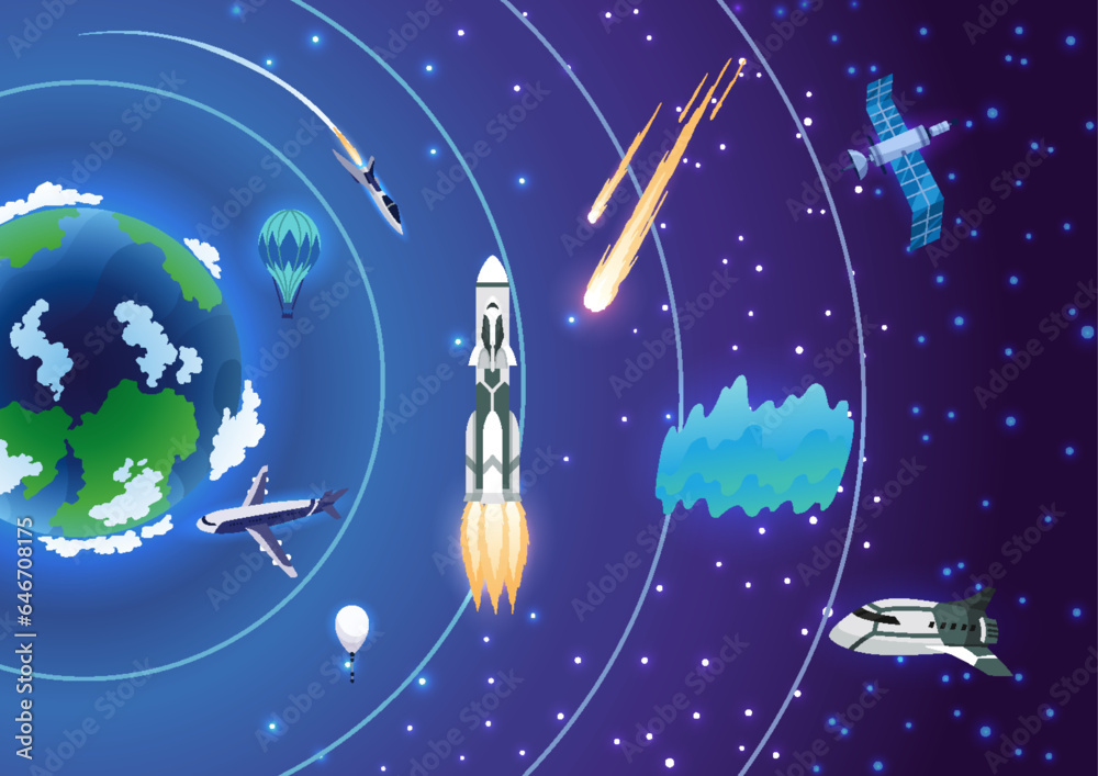 Earth atmosphere layers. Colorful infographic poster with meteors ...