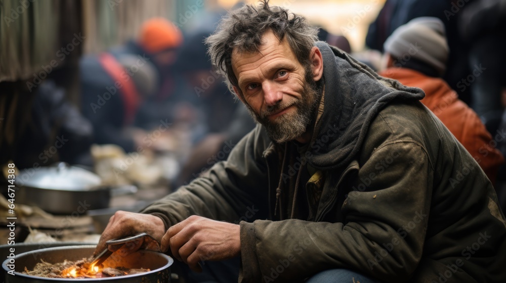 Poor homeless man with hot food in warming center Stock Photo | Adobe Stock