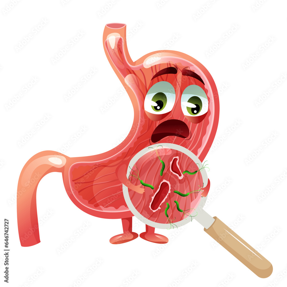 Scared cartoon stomach character with ulcer and helicobacter pylori ...