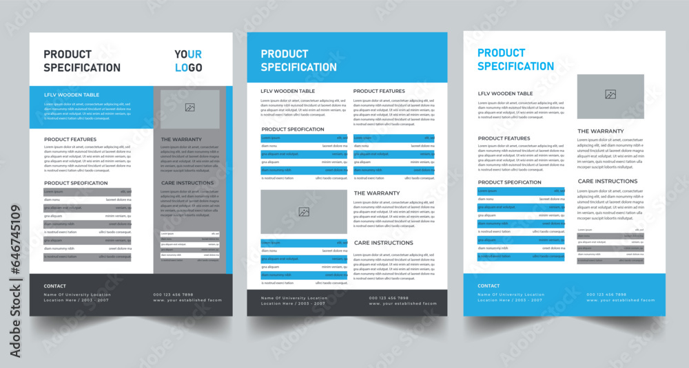 Product Specification Sheet Layout with Blue and Black Design Stock ...