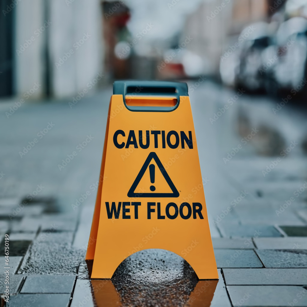 Yellow caution wet floor sign, when floor is slippery and copy space ...