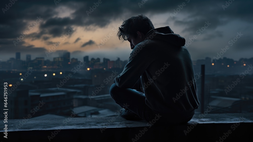 Foto de Stock silhouette of a depressed man sitting on the roof of a ...