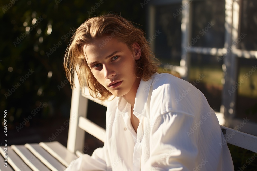 Elegant Portrait of a Fictional Handsome Nordic Male Model Sitting on a ...
