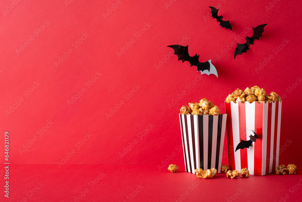 Spine-chilling movie night with pals: Side view of table and wall ...