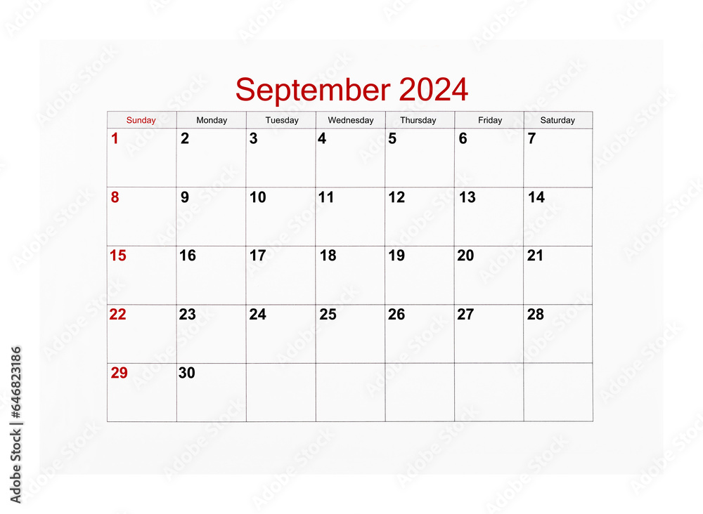The September 2024 Calendar page for 2024 year isolated on white ...