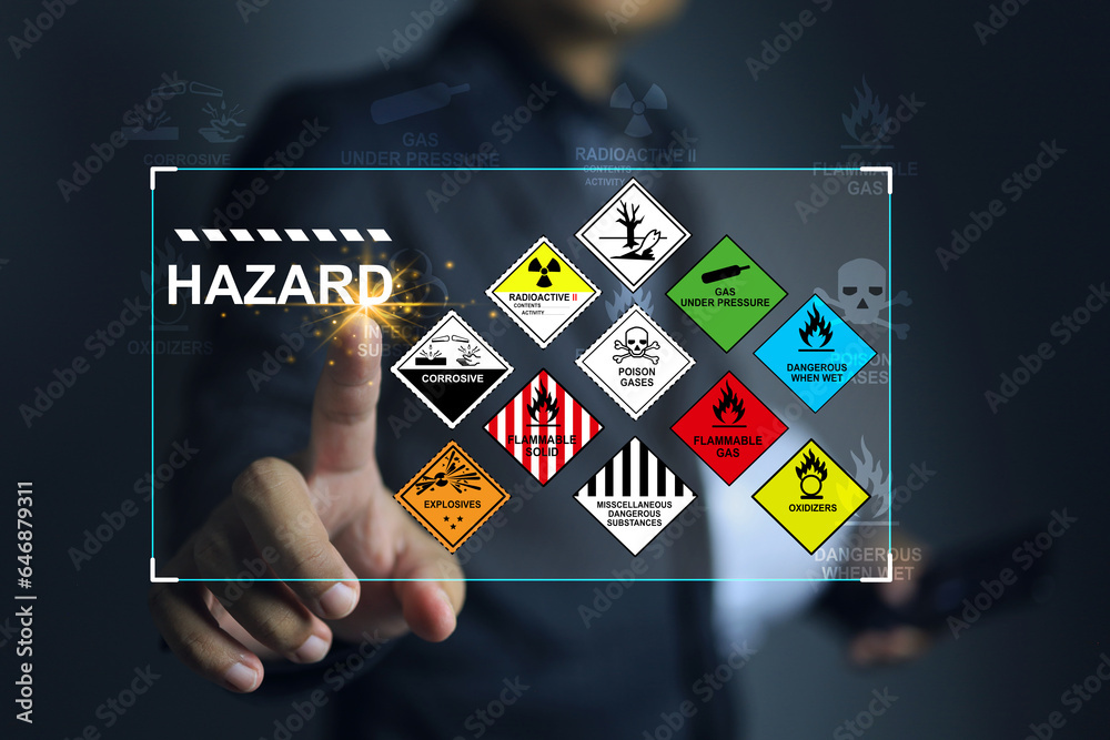 Hazardous substance concept engineer pointing on hazard icon dangerous ...