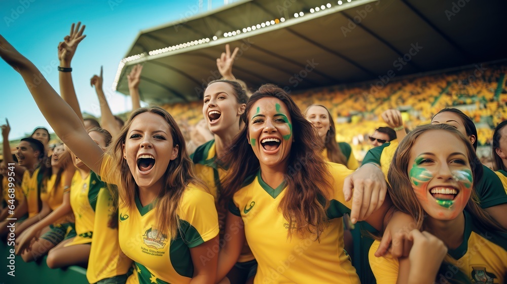 Female crowd are cheering for their supportive team wearing yellow and ...