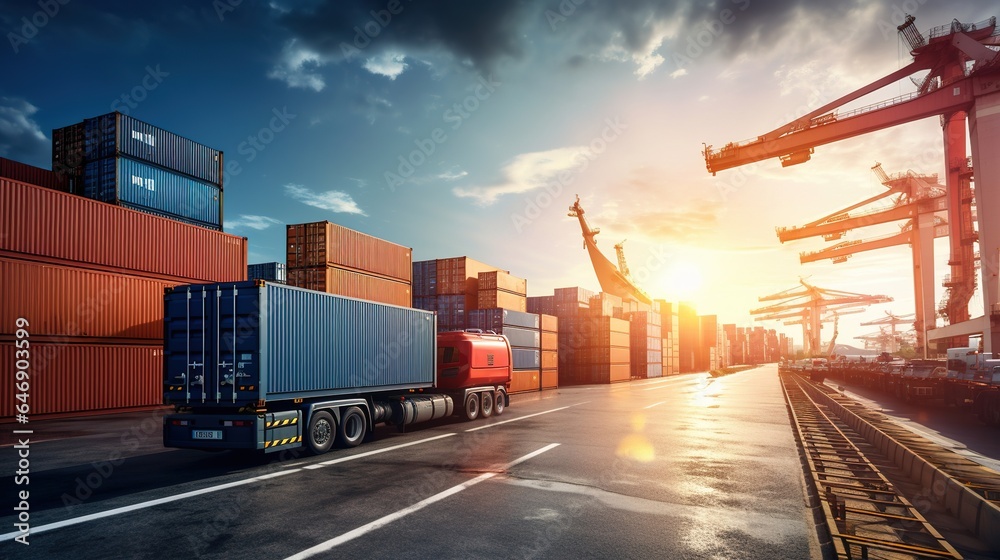 Container ship with quay crane transporting import-export container ...