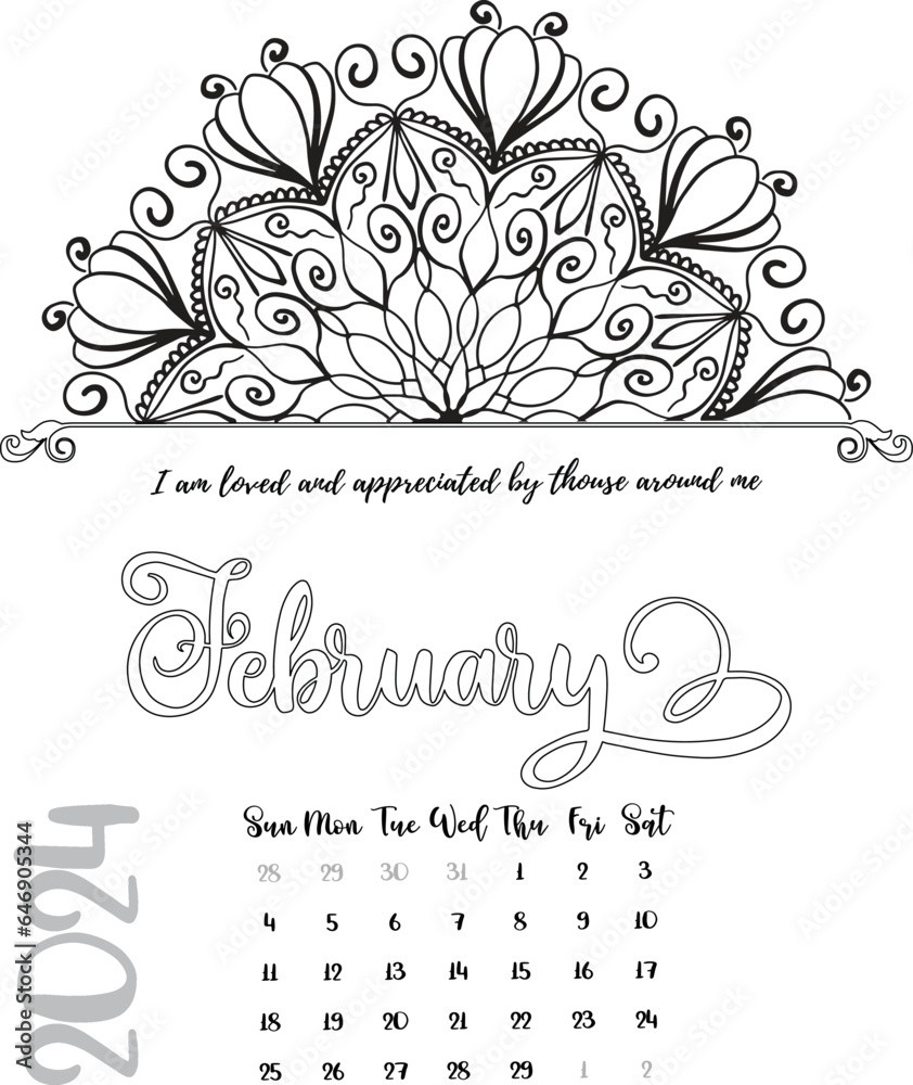 Mandala Calendar Coloring Page for February Year 2024 with self ...