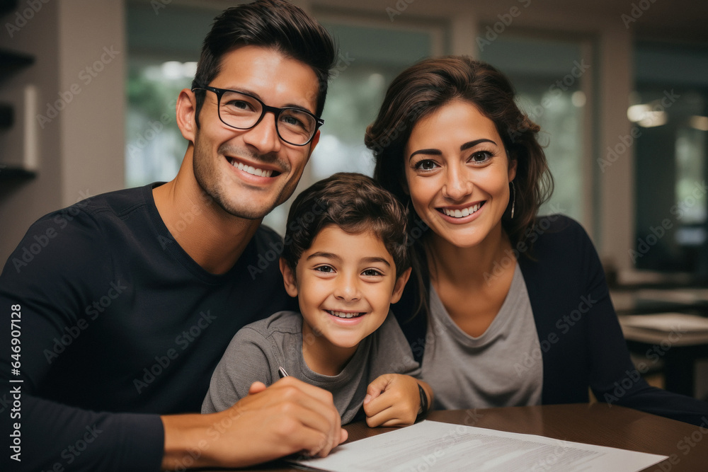 Young couple with his child while signing on document Stock Photo ...